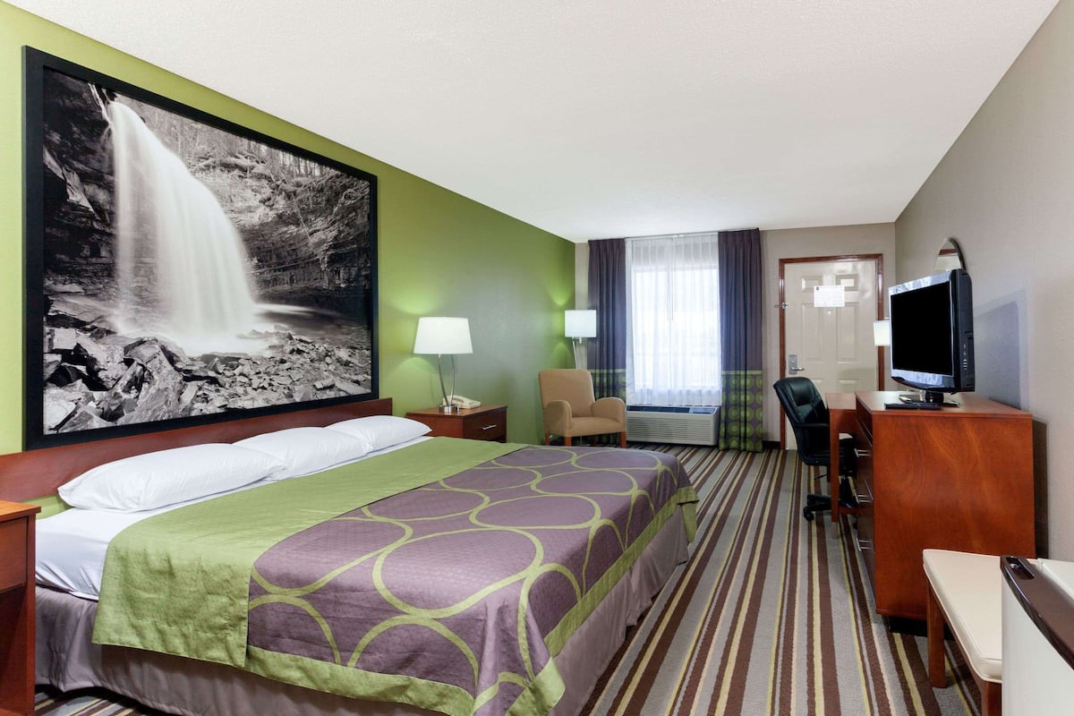 Quarto de hotel com cama, escrivaninha, cadeira, televisão e uma grande pintura de uma cascata na parede.