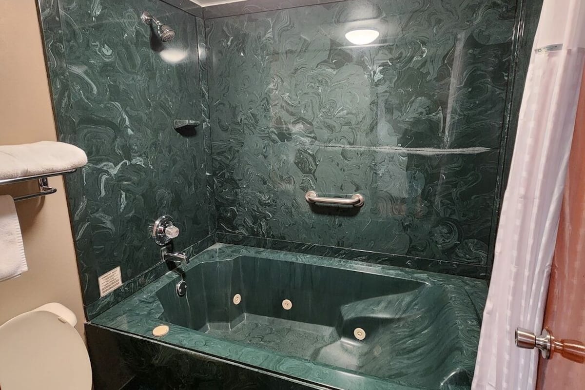 Casa de banho com uma banheira grande de mármore verde escuro, chuveiro manual e sanita.