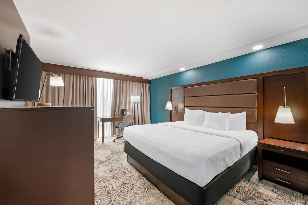 Quarto de hotel com cama, escrivaninha, cadeira e televisão.