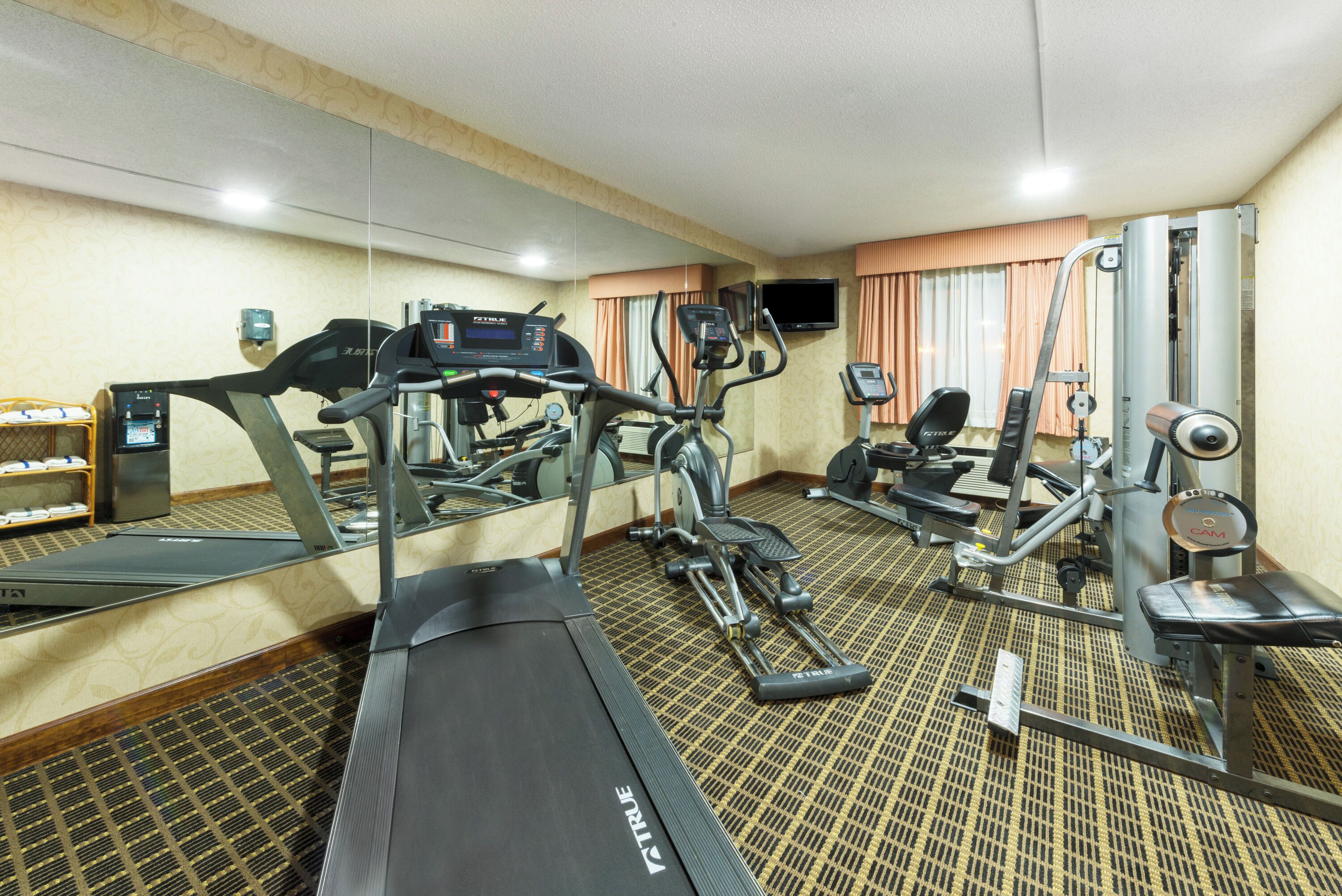 Uma academia com esteiras, elípticos e equipamentos de musculação.