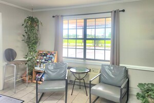 Quarto com duas poltronas de couro, uma mesinha, um vaso de planta e uma janela com cortinas.