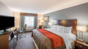 Quarto de hotel com uma cama grande, uma televisão sobre um móvel de madeira, uma escrivaninha com cadeira e uma janela com cortinas.