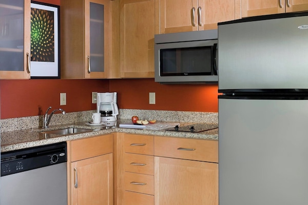 Um frigorífico/congelador grande, um micro-ondas, uma placa de cozinha