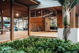 Espaço interno com teto de madeira, janelas amplas e uma planta central.