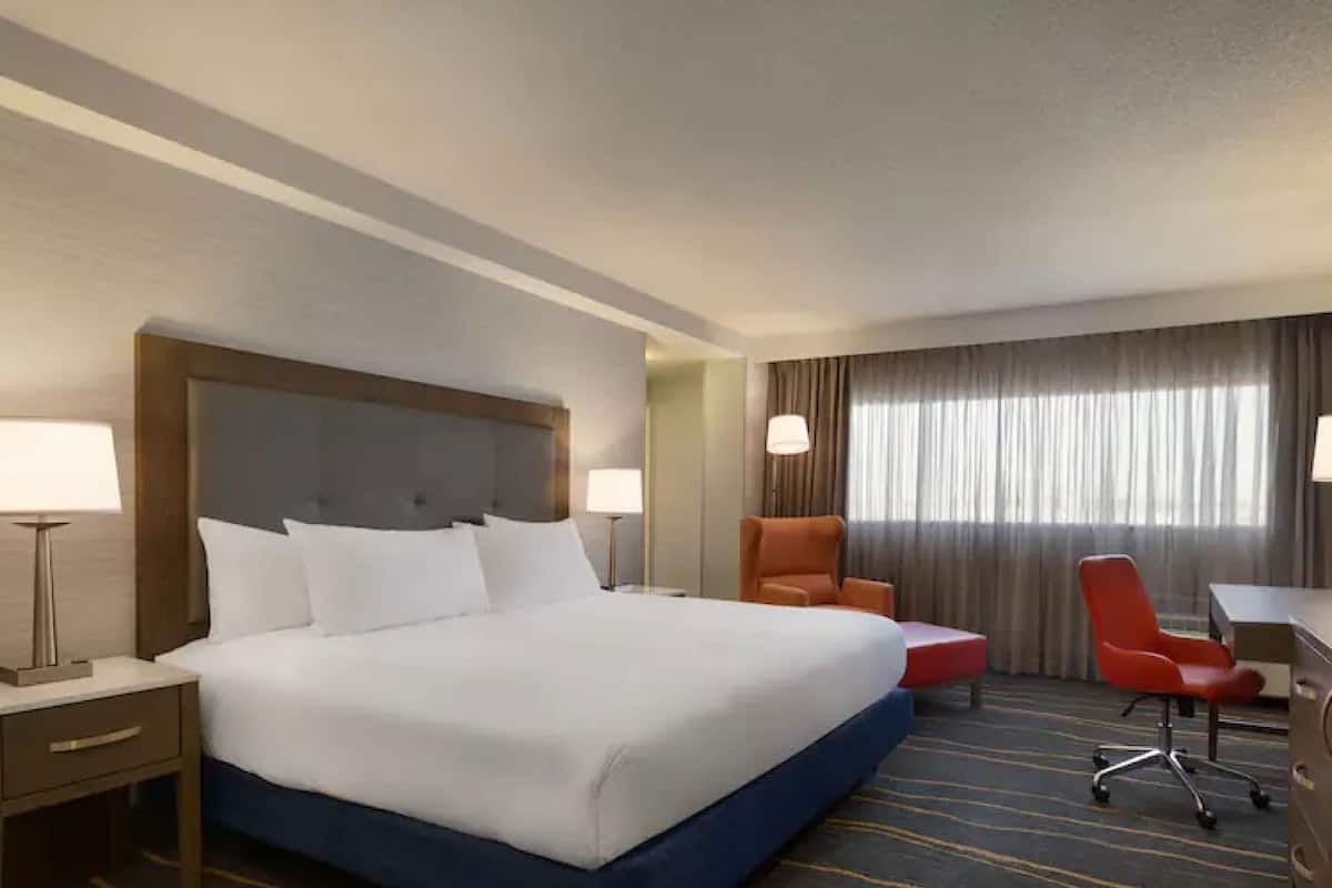 Quarto de hotel com uma cama grande, duas cadeiras, uma escrivaninha e um abajur.