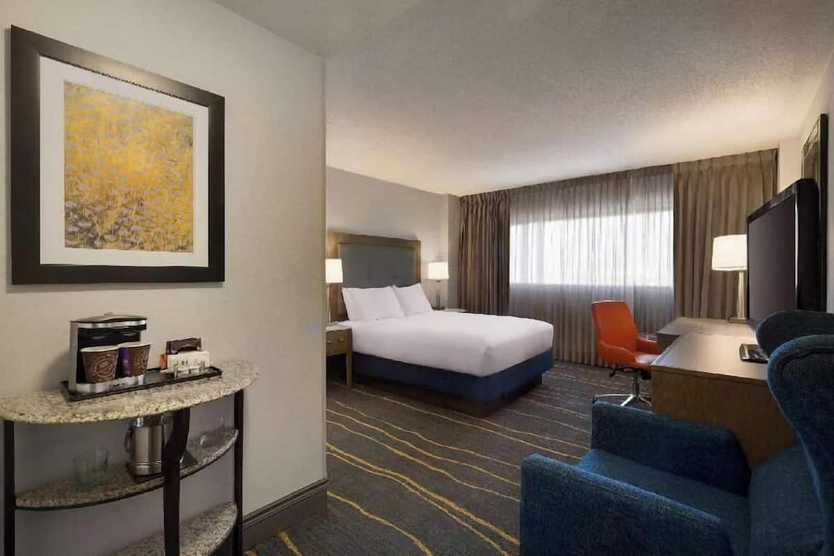 Quarto de hotel com cama, escrivaninha, cadeira, televisão, cafeteira e um quadro na parede.