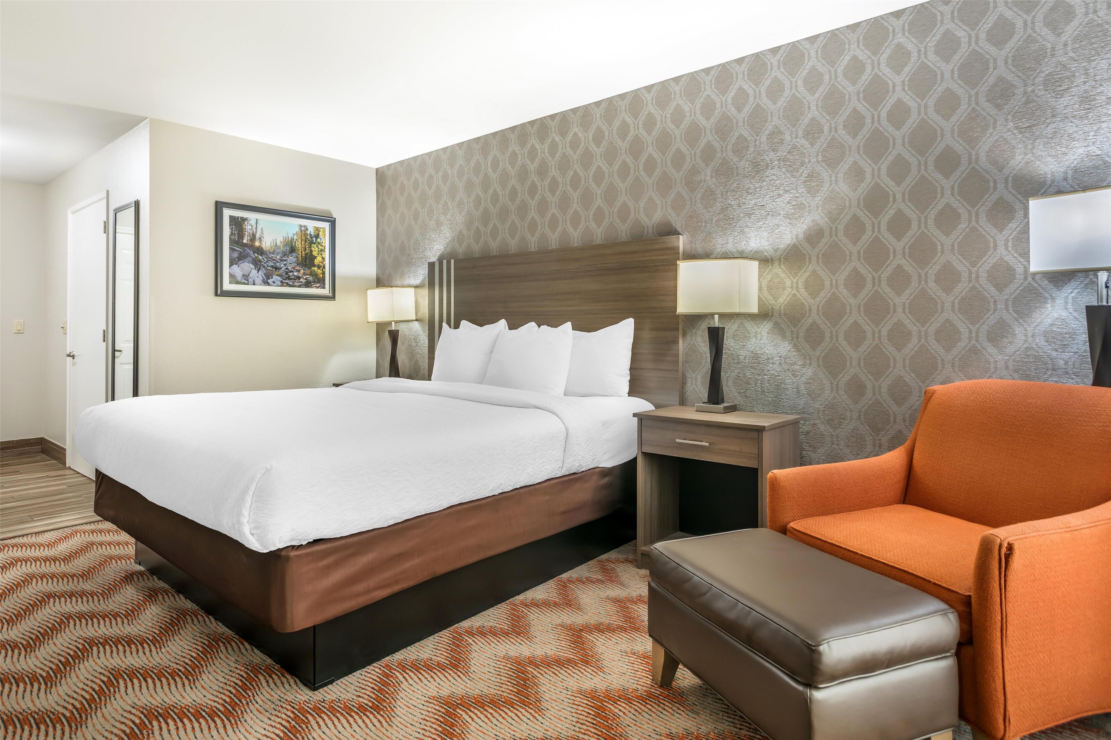 Quarto de hotel com uma cama grande, duas mesas de cabeceira com luminárias, uma cabeceira de madeira, um papel de parede estampado e um tapete castanho.