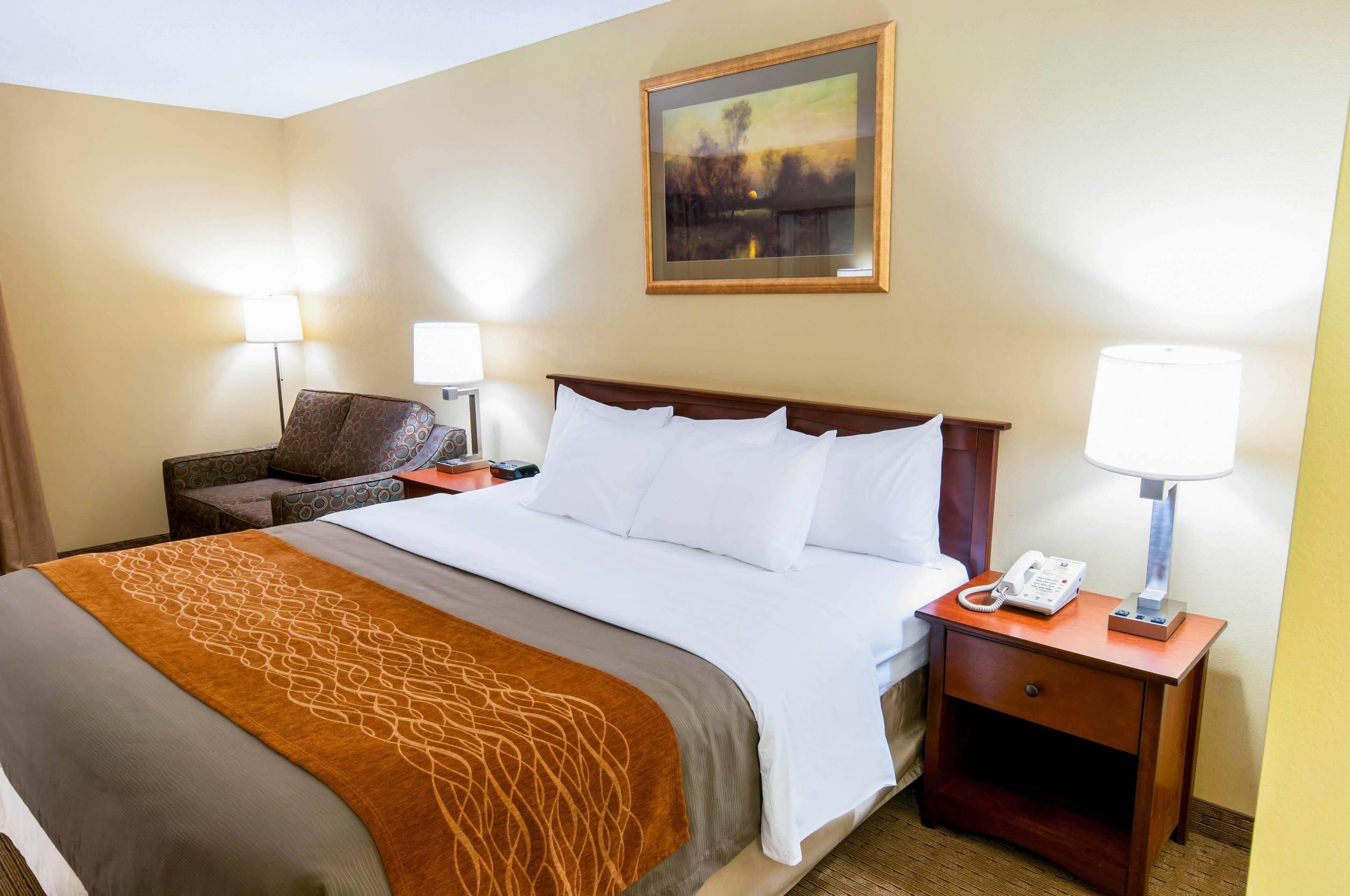 Quarto de hotel com cama, mesas de cabeceira, luminárias, um quadro na parede e telefone.
