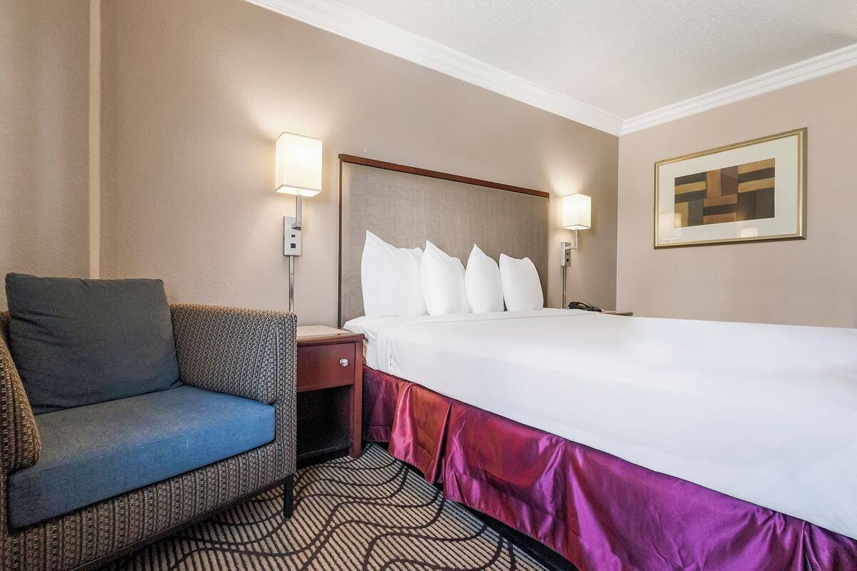 Quarto de hotel com uma cama, uma cadeira, uma mesinha de cabeceira e uma luminária na parede.