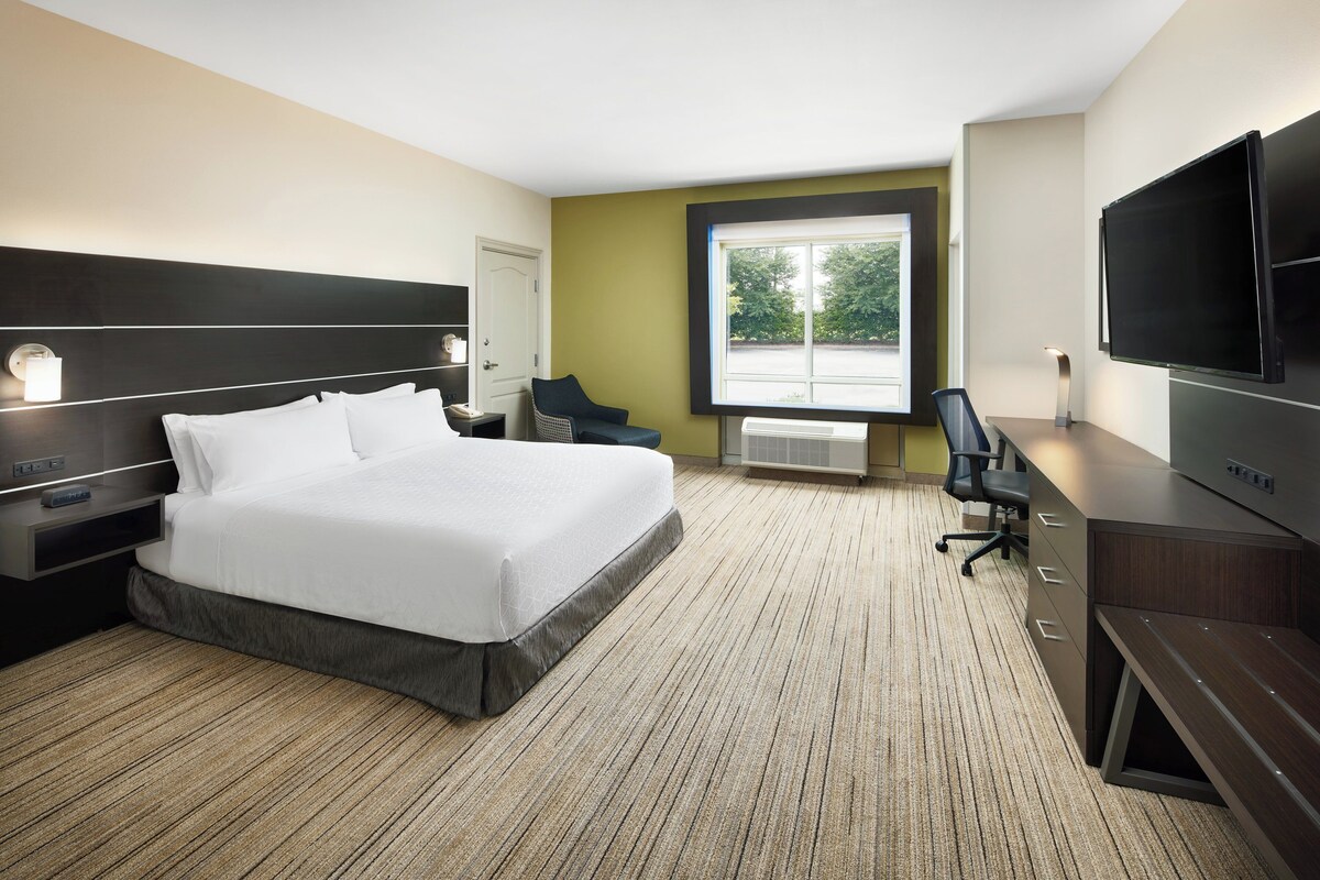Quarto de hotel com uma cama grande, uma escrivaninha com cadeira, televisão de tela plana, janela com vista para árvores e aquecedor fixado na parede.