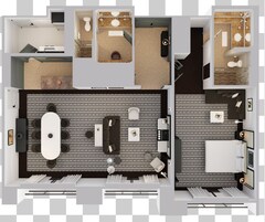 Disposição de um quarto de hotel com sala de jantar, cozinha, banheiro e sala de estar.