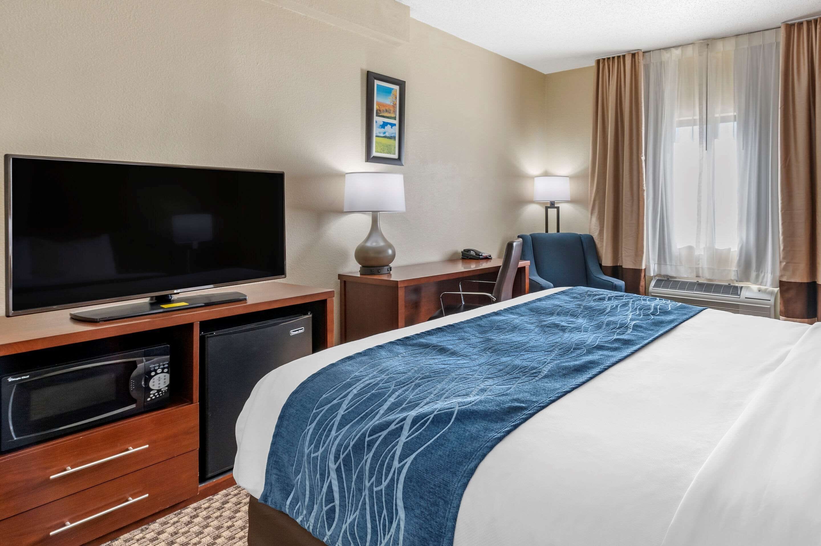Quarto de hotel com cama grande, televisão de tela plana, escrivaninha com luminária, cadeira e micro-ondas.