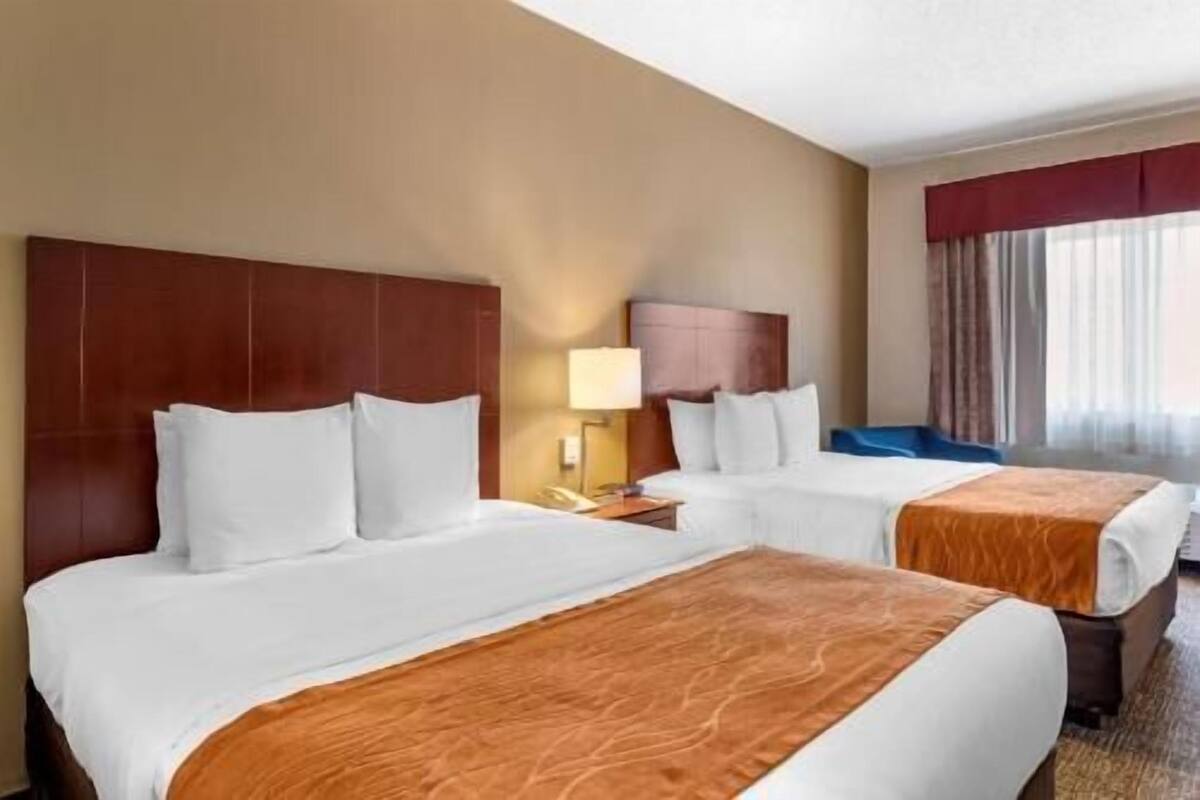 Quarto de hotel com duas camas, mesa de cabeceira, abajur e janela com cortinas.