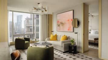 Suite, 1 cama king-size, Vista para a cidade | Sala | Televisor LCD, consola de videojogos, base para iPod, filmes pagos