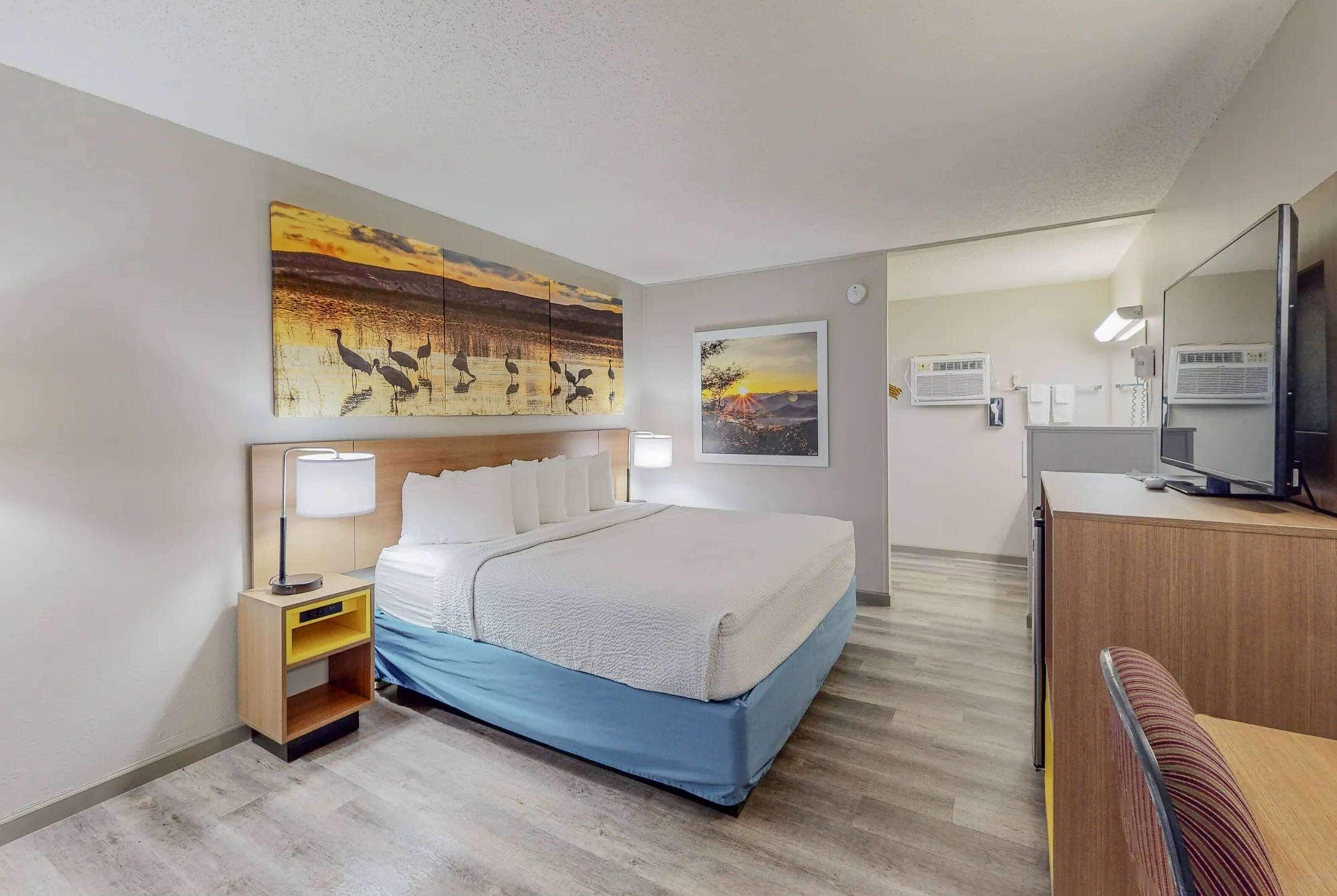 Quarto de hotel com cama, mesa de cabeceira, luminária, obras de arte, escrivaninha, cadeira e aparelhos de ar condicionado.