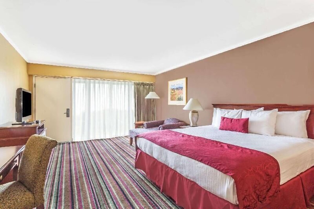 Quarto de hotel com uma cama grande, uma escrivaninha com televisão, uma cadeira, um abajur e uma janela com cortinas.
