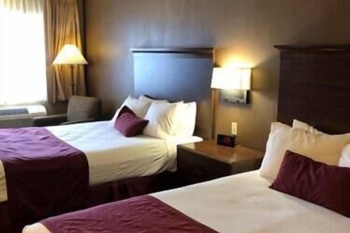 Quarto de hotel com duas camas, uma mesa de cabeceira, uma luminária e uma janela com cortinas.