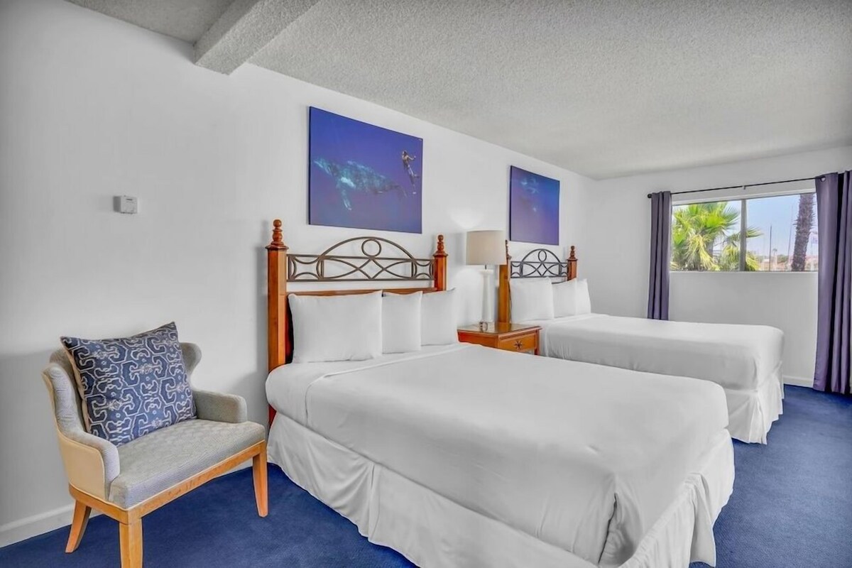 Quarto de hotel com duas camas, uma cadeira, uma mesa de cabeceira e uma janela com cortinas.