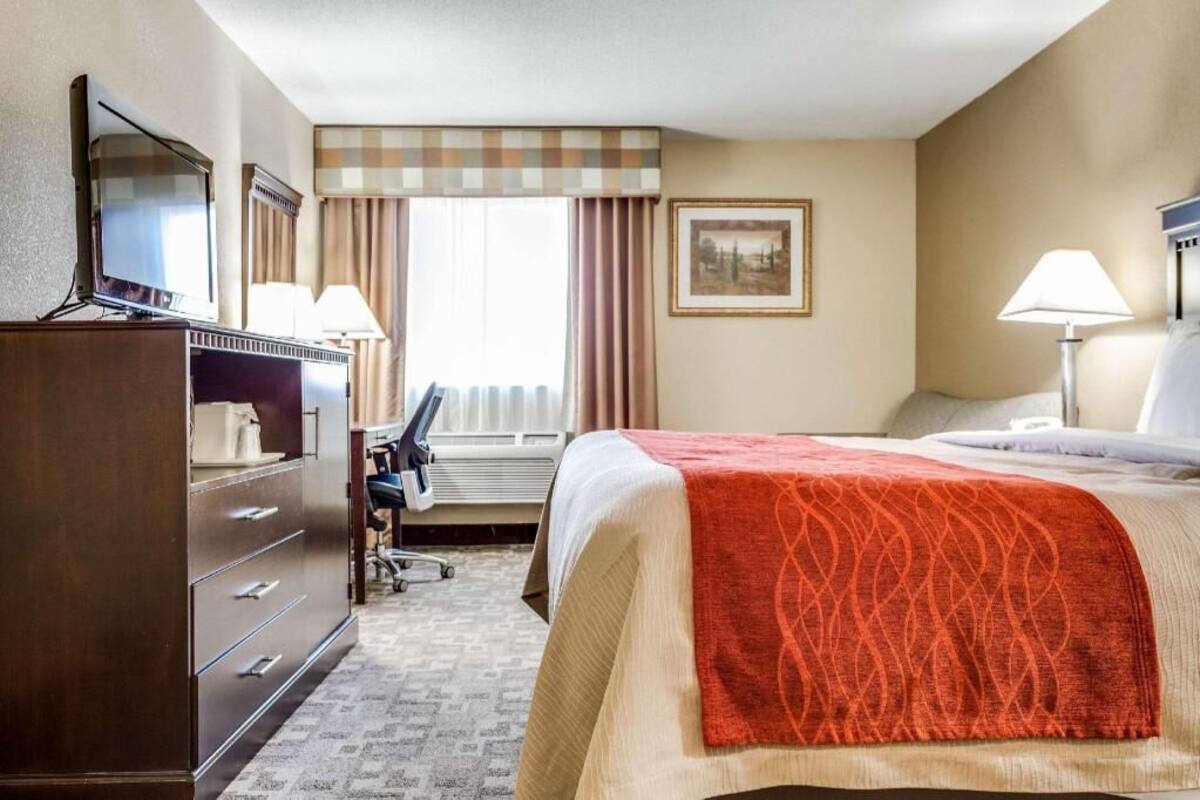 Quarto de hotel com uma cama, uma escrivaninha com cadeira, televisão, luminária e janela com cortinas.