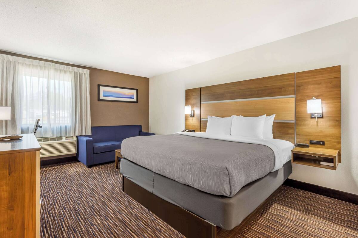 Quarto de hotel com cama grande, escrivaninha, cadeira, televisão presa na parede e janela com cortinas.