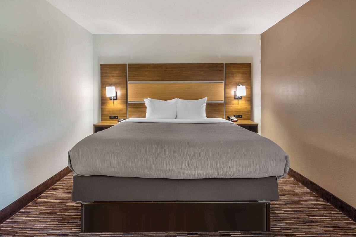 Quarto de hotel com uma cama grande, cabeceira de madeira, duas mesas de cabeceira com abajures e piso coberto por carpete.