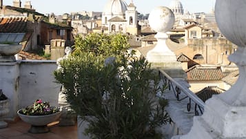 Terraço no telhado com plantas em vasos, balaustrada de pedra e vista de edifícios históricos, incluindo estruturas com cúpulas.