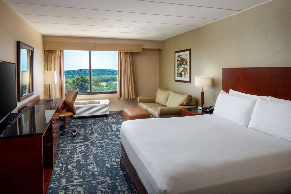Quarto de hotel com uma cama grande, uma mesa com televisão, um sofá, uma cadeira e vista para o exterior.
