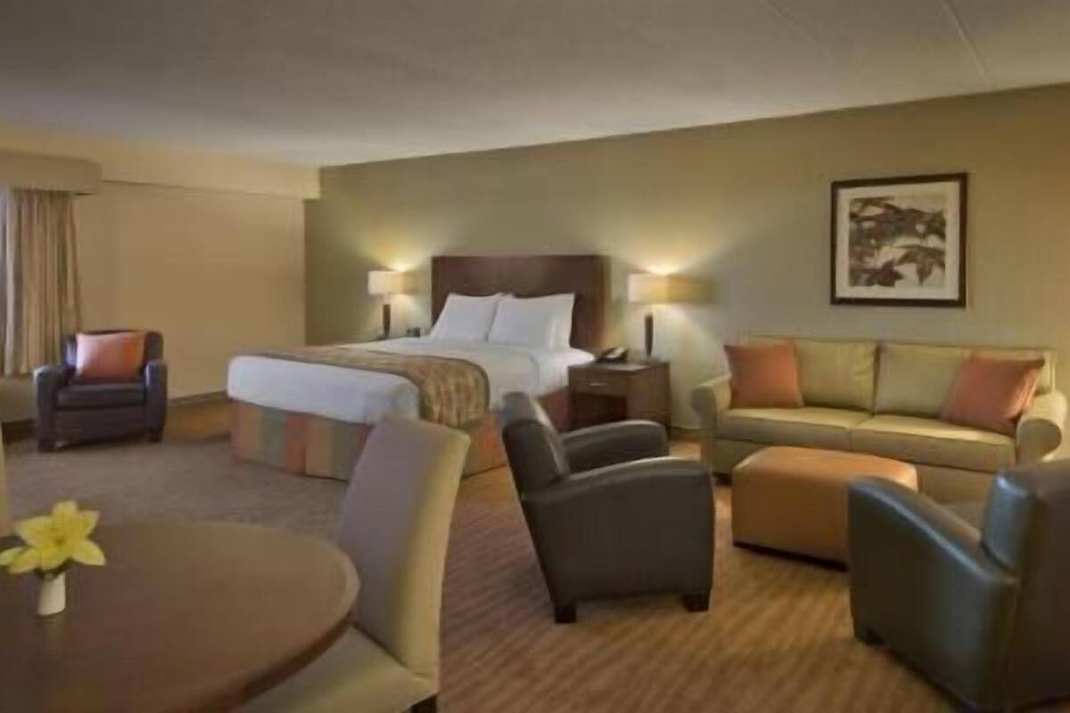 Quarto de hotel com cama, escrivaninha, cadeira, sofá e mesa de jantar.