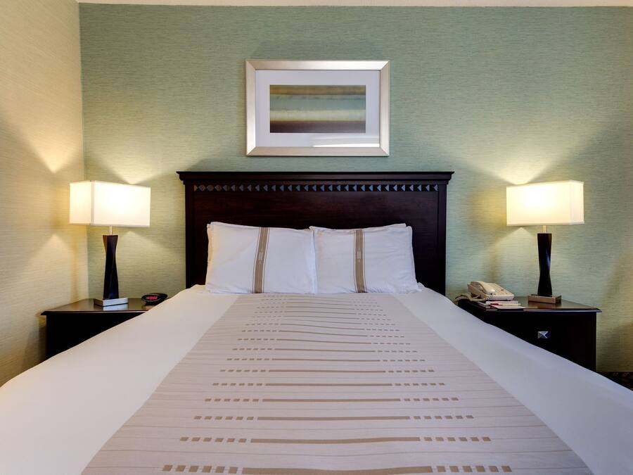 Quarto de hotel com uma cama grande, duas mesas de cabeceira com luminárias, um quadro na parede e um telefone em uma das mesas.