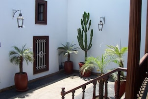 Pátio com plantas em vasos, escada de madeira e porta com grade de metal.