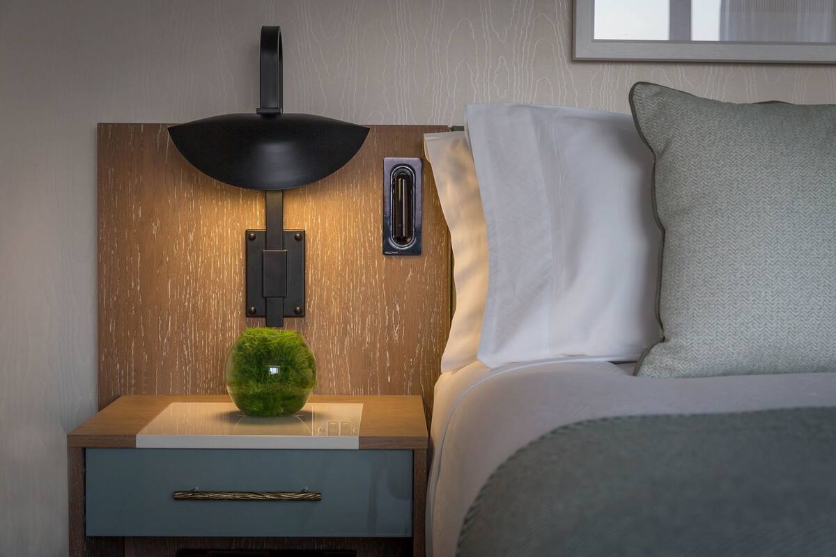 Quarto de hotel bem arrumado, com cabeceira de madeira, mesa de cabeceira com abajur, uma pequena planta verde e cama com travesseiro branco.