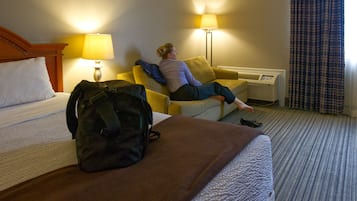 Quarto de hotel com uma cama, um sofá, um aquecedor e uma mala na cama.