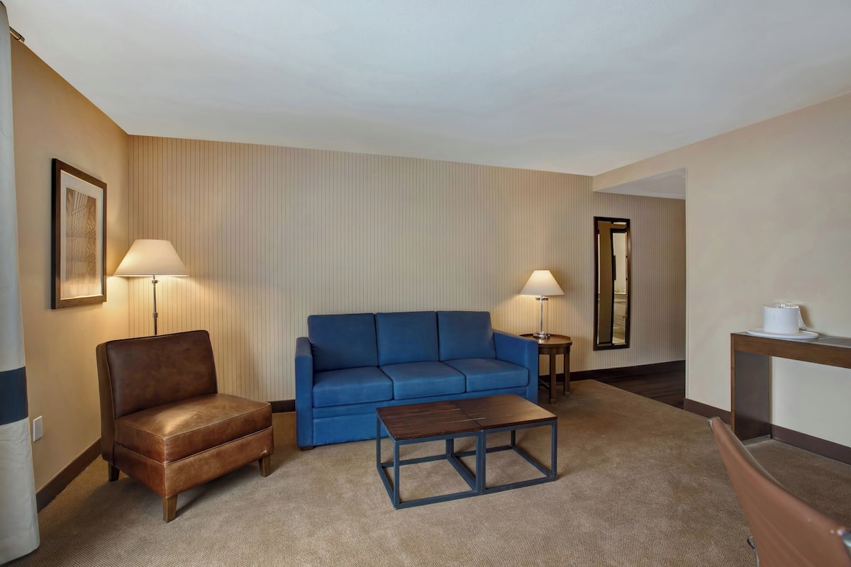Quarto de hotel com uma poltrona de couro marrom, um sofá azul, uma mesa de centro de madeira e duas luminárias de cabeceira.