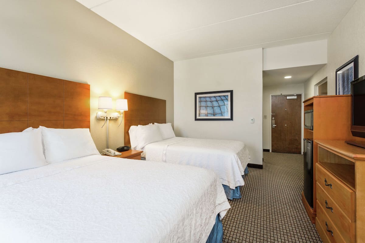 Quarto de hotel com duas camas, uma mesa de cabeceira com abajur, televisão e cômoda.