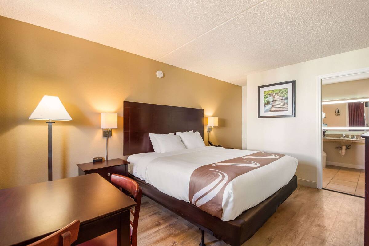 Quarto de hotel com uma cama grande, duas luminárias de cabeceira, uma escrivaninha e uma cadeira.