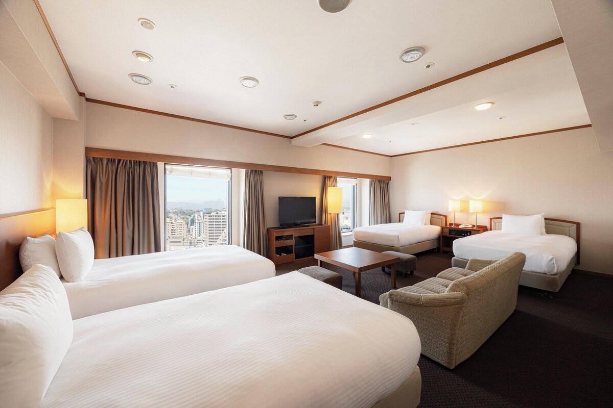 Quarto de hotel com duas camas, televisão, escrivaninha e vista da cidade.