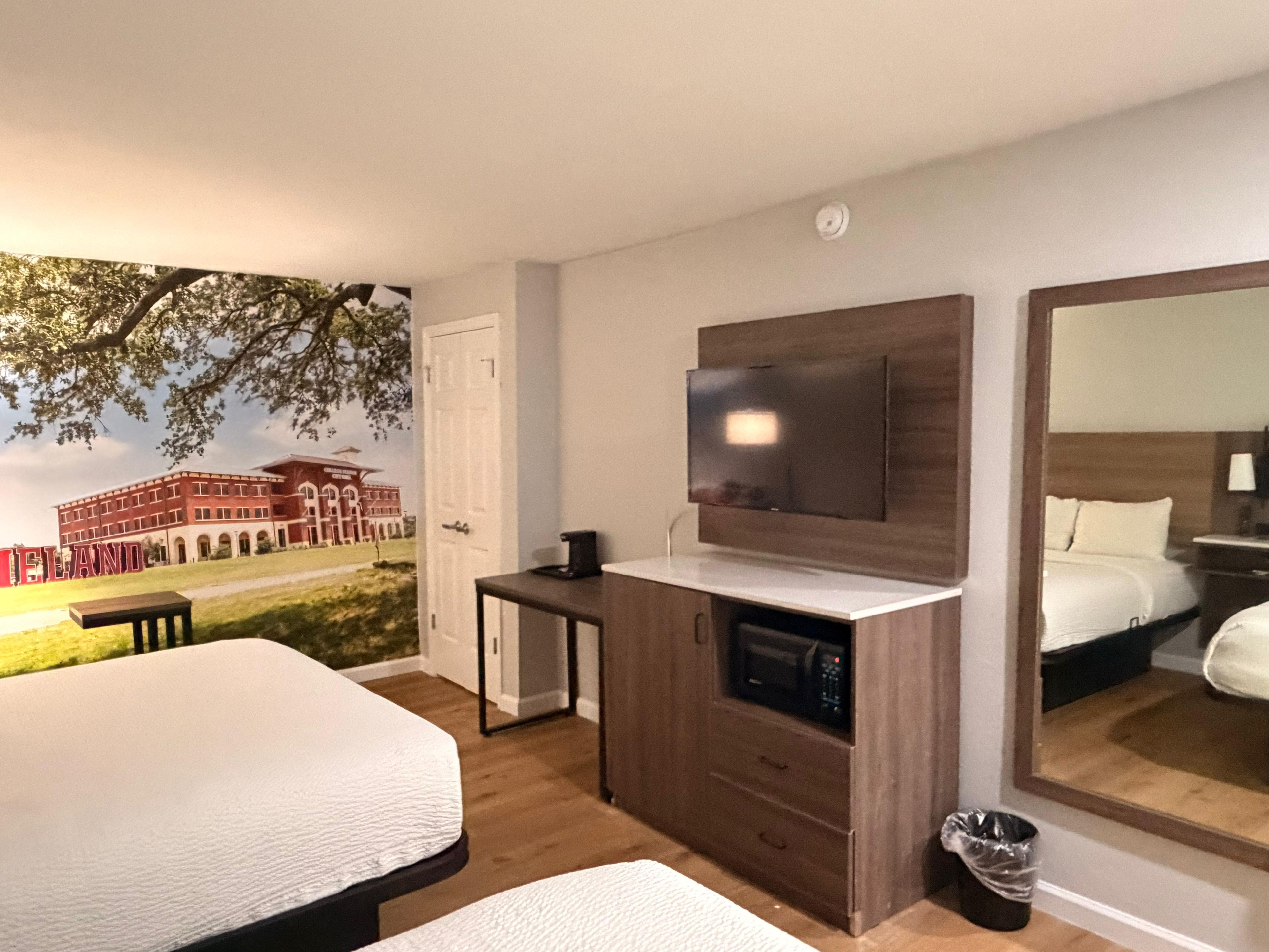 Quarto de hotel com cama, escrivaninha, televisão de tela plana, lixeira pequena e espelho grande.