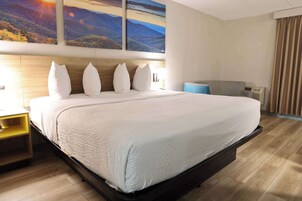 Quarto de hotel com uma cama grande, mesa de cabeceira, escrivaninha e vista para uma paisagem montanhosa pelas janelas.