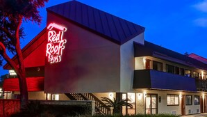 Um edifício com um letreiro de neon chamativo que diz 'Red Roof Inn'.