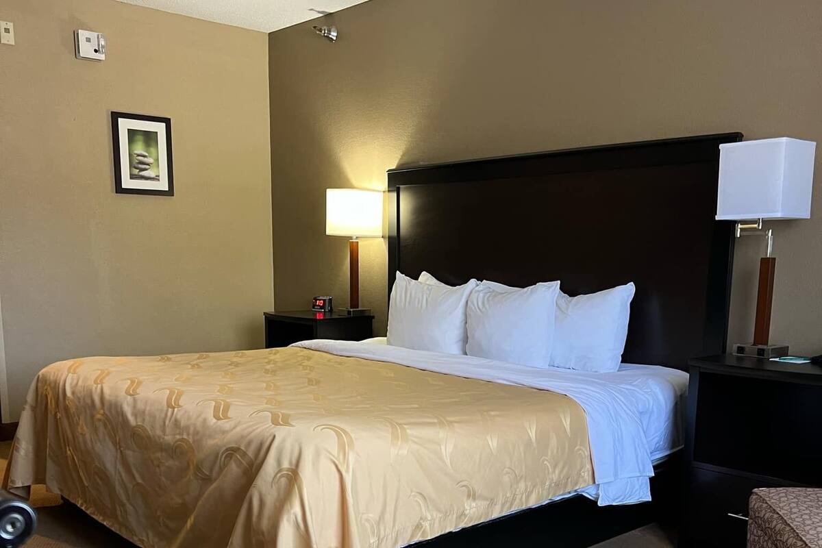 Quarto de hotel com uma cama grande, mesa de cabeceira com luminária, cadeira e um quadro na parede.