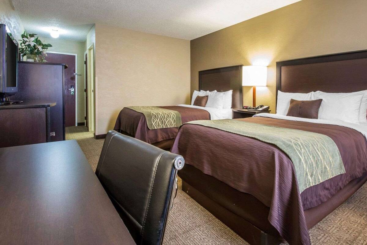 Quarto de hotel com duas camas, uma escrivaninha, uma cadeira, uma televisão e um abajur.