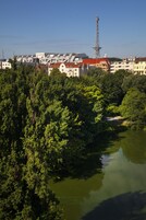 Um rio com vegetação verde densa em uma margem e edifícios com telhados vermelhos ao fundo.