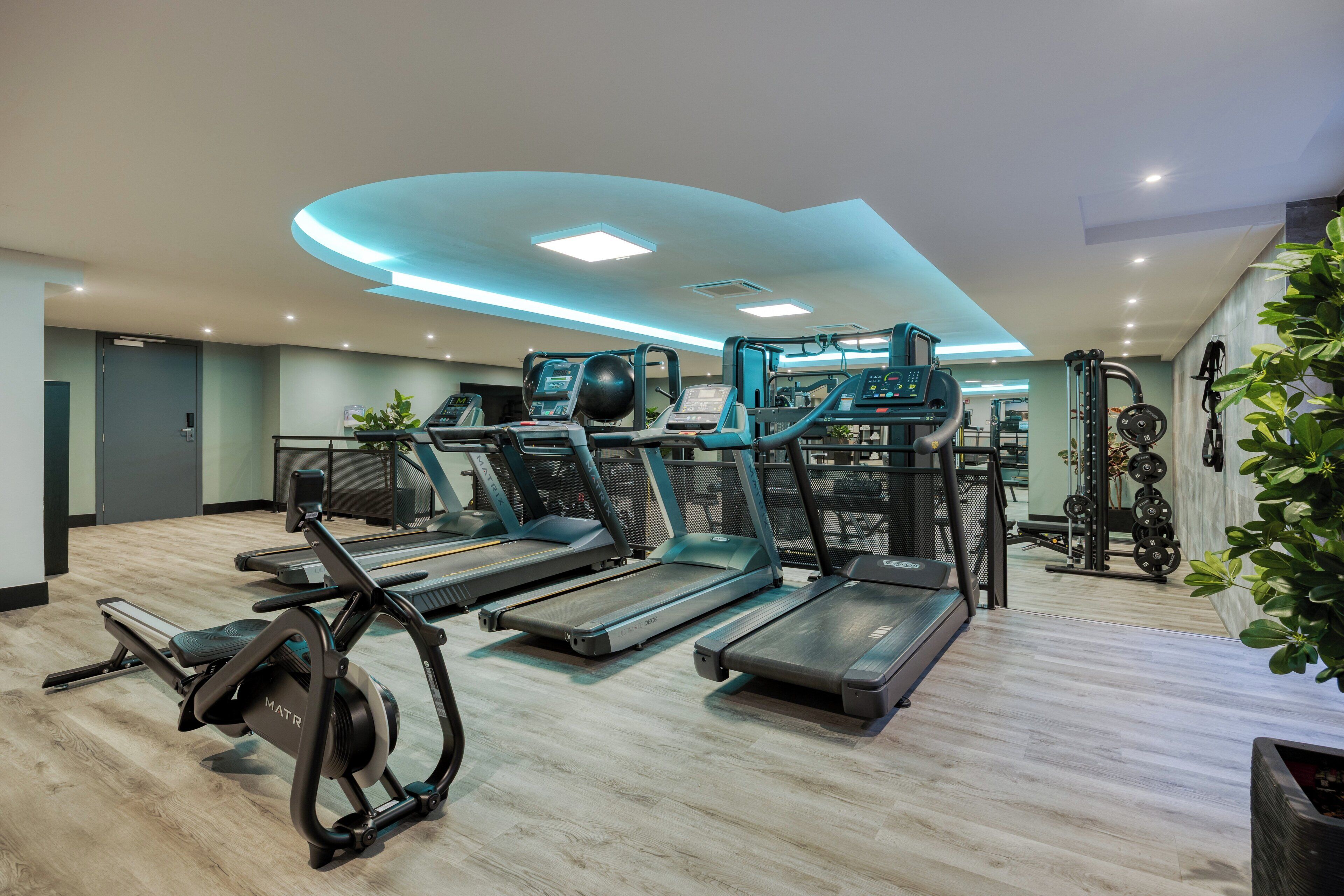 Uma academia moderna com esteiras, remo e equipamentos de musculação.