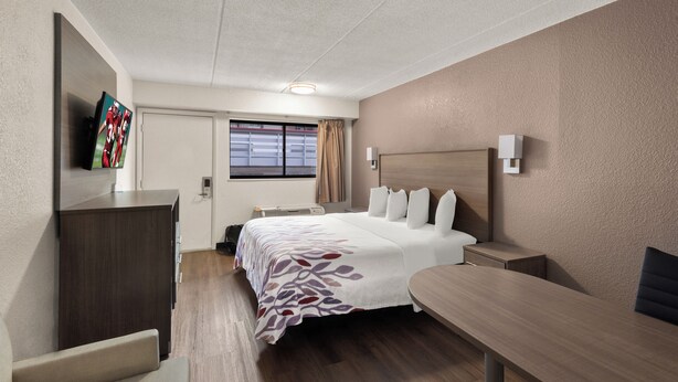 Quarto de hotel com cama, mesa de cabeceira, escrivaninha, cadeira, televisão fixada na parede e janela com cortinas.