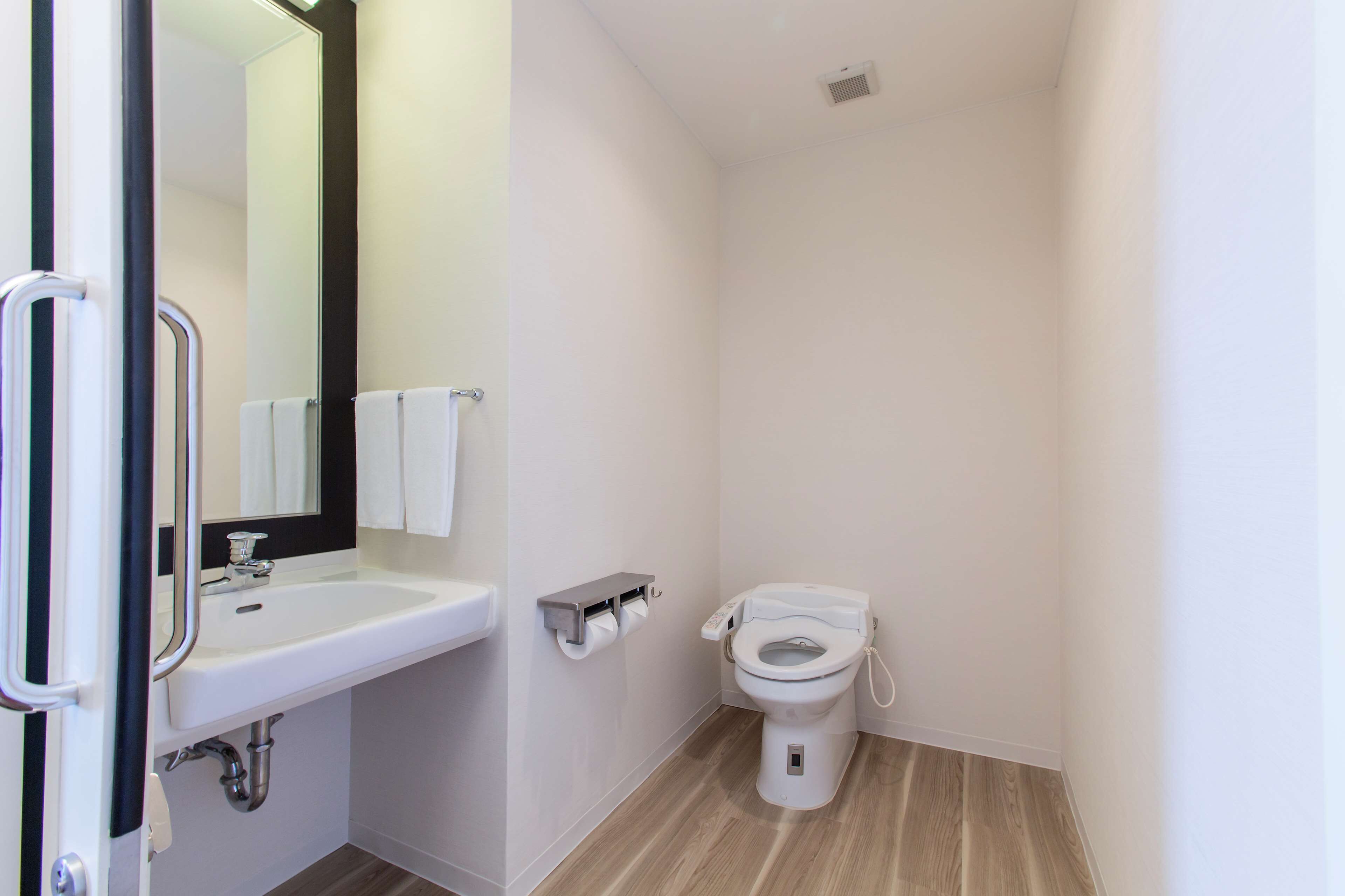 Casa de banho pequena e moderna com lavatório branco, espelho, sanita e barra de apoio.