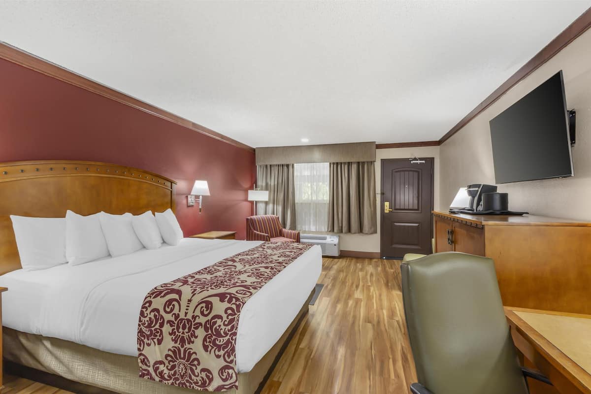 Quarto de hotel com uma cama grande, uma escrivaninha, uma cadeira, uma televisão e uma janela com cortinas.