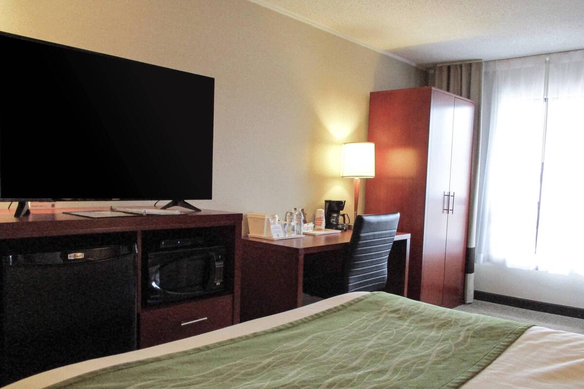 Quarto de hotel com cama, televisão, escrivaninha com luminária, micro-ondas e guarda-roupa.