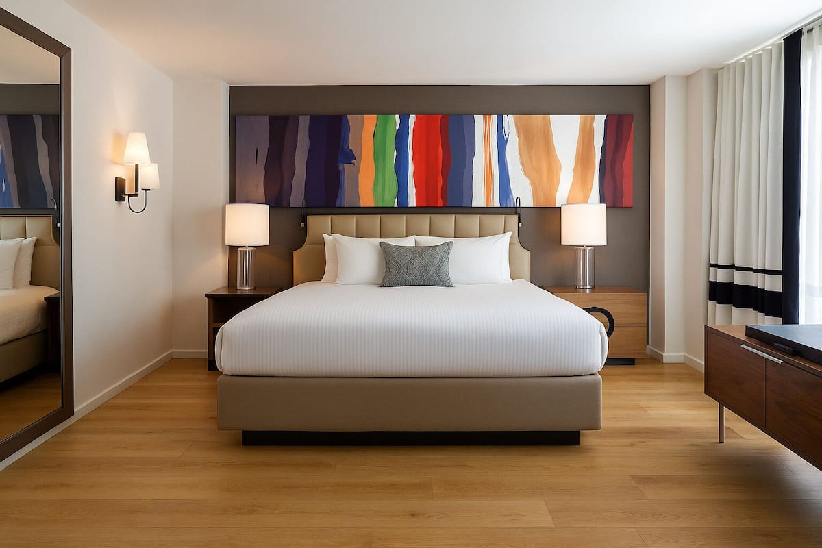 Quarto de hotel com cama grande, duas luminárias de cabeceira, um quadro abstrato moderno acima da cama, piso de madeira e uma janela ampla com cortinas.
