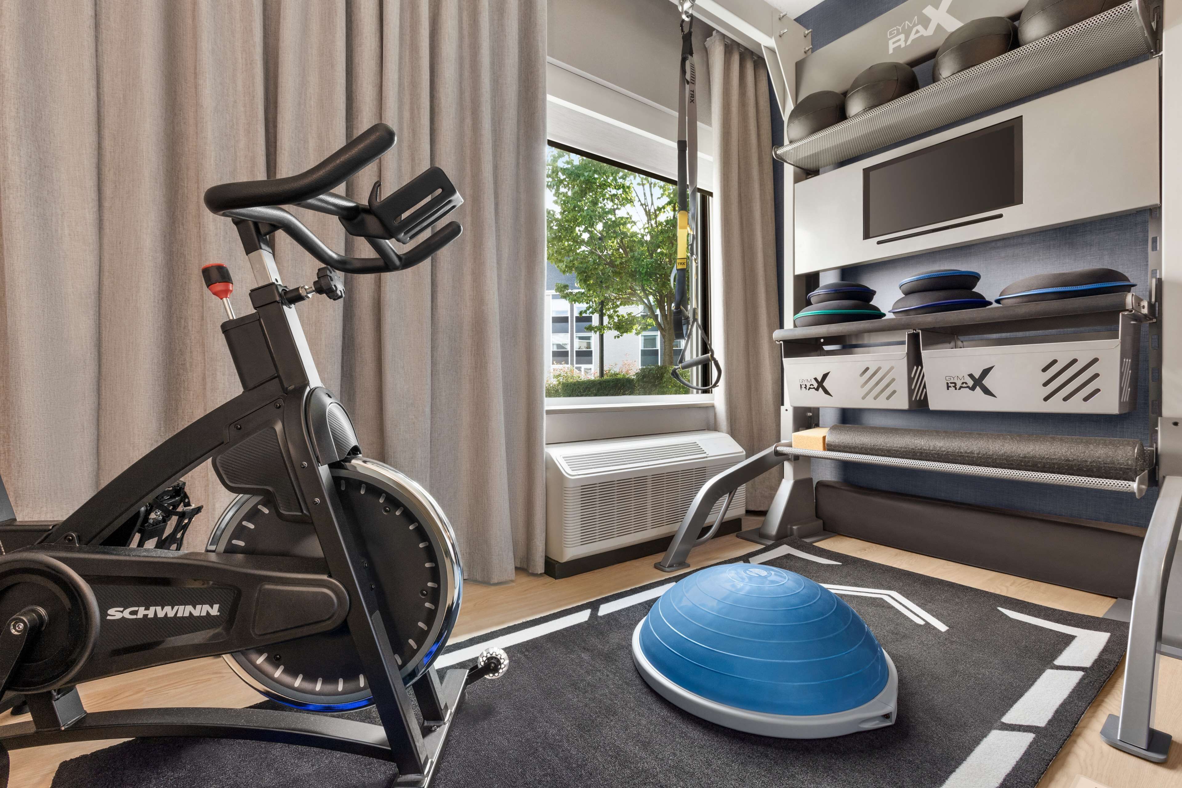 Uma academia em casa com uma bicicleta ergométrica, uma bola de exercício azul e um suporte com equipamentos de ginástica.