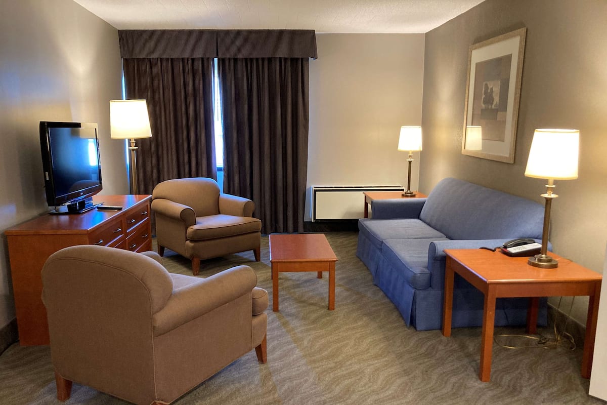 Quarto de hotel com televisão, duas poltronas, um sofá, uma mesinha e duas luminárias.